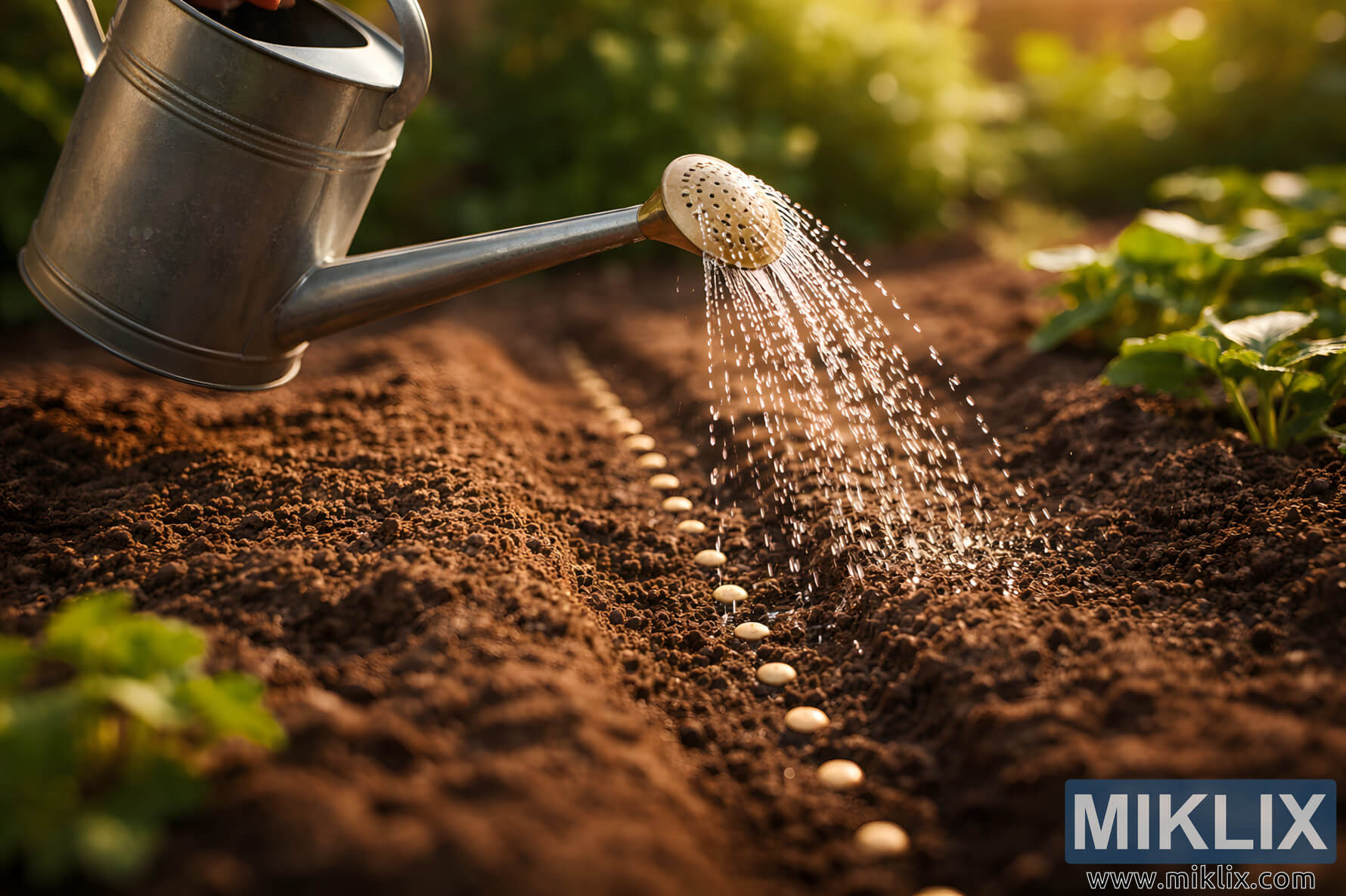Image: Gentle Watering Can Nourishing Newly Planted Garden Seeds - Miklix