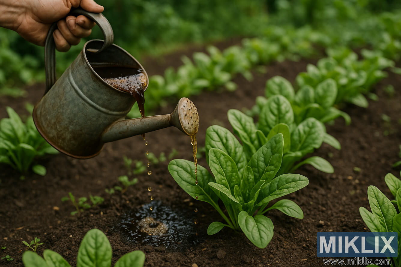 Imagem: Fertilização de espinafre com chá de composto orgânico em uma ...