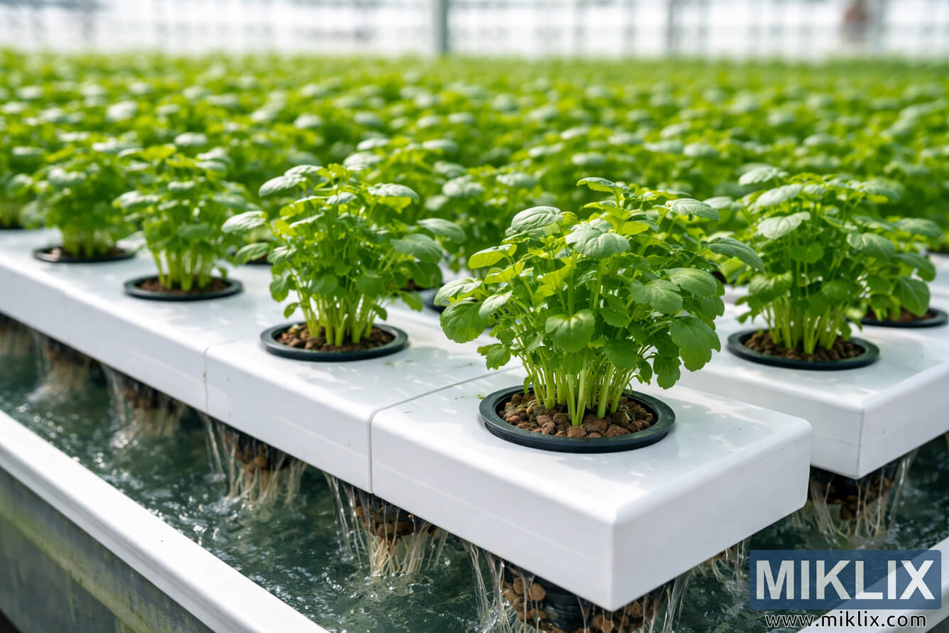 Bild: Hydroponisches Brunnenkresse-Anbausystem mit Netztöpfen - Miklix