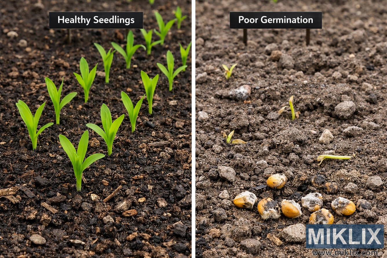 Image: Healthy Corn Seedlings vs Poor Germination in Garden Soil - Miklix