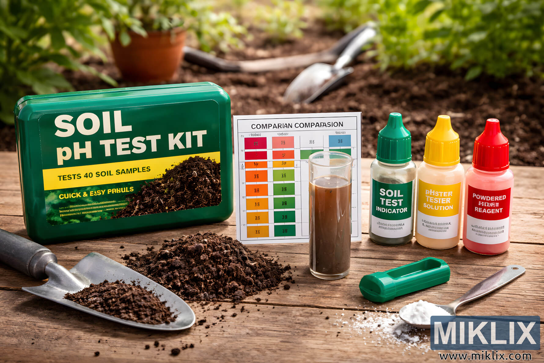 Image: Soil pH Testing Kit on Wooden Garden Table - Miklix
